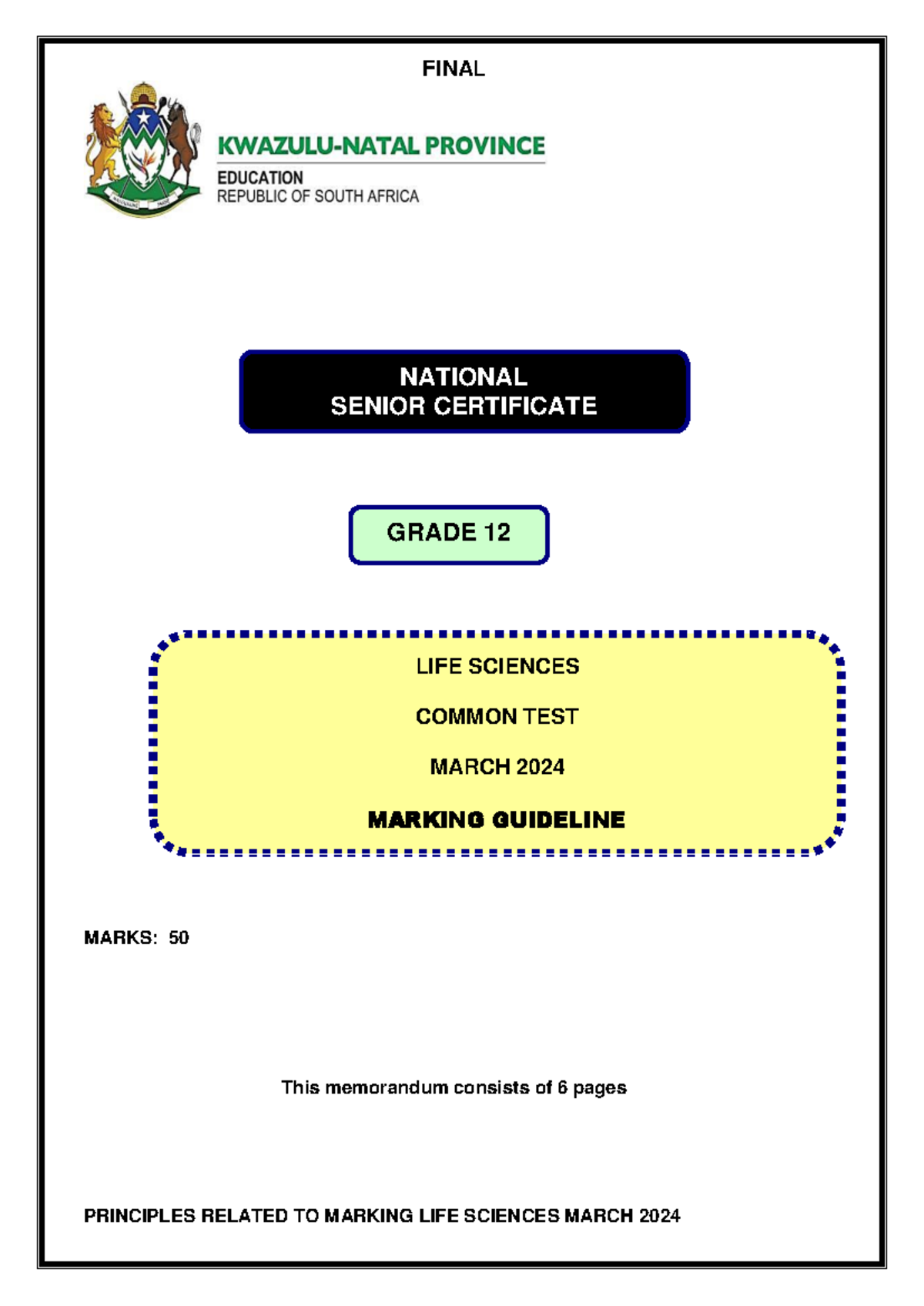 LIFE Sciences Grade 12 March 2024 Common Test Marking Guidelines - Studocu
