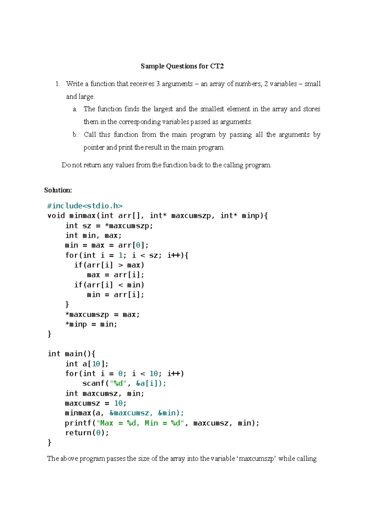Sample Questions for CT2: Functions, Arrays, and String Manipulation - Studocu
