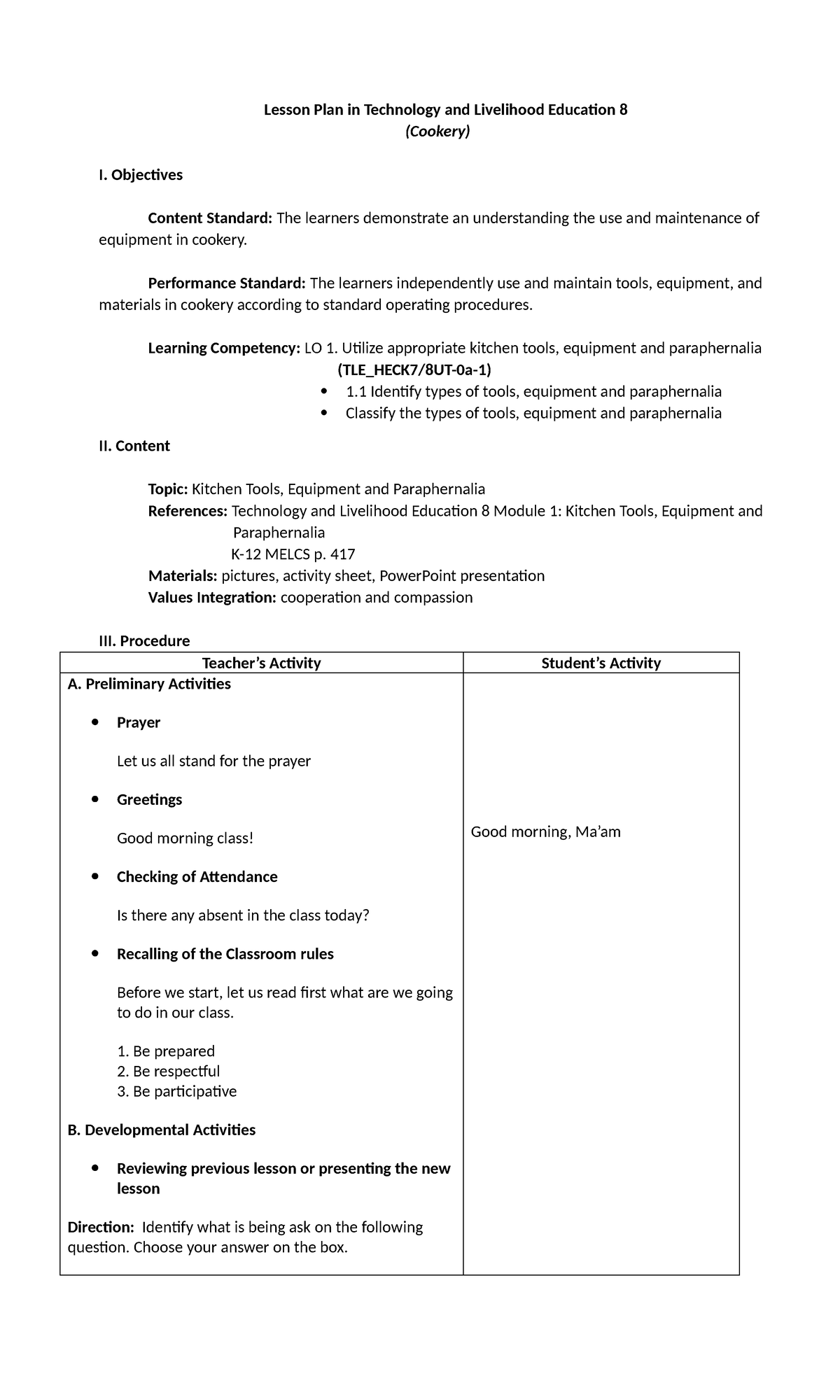 Lesson Plan: Kitchen Tools in TLE 8 (TLE_HECK7/8UT-0a-1) - Studocu