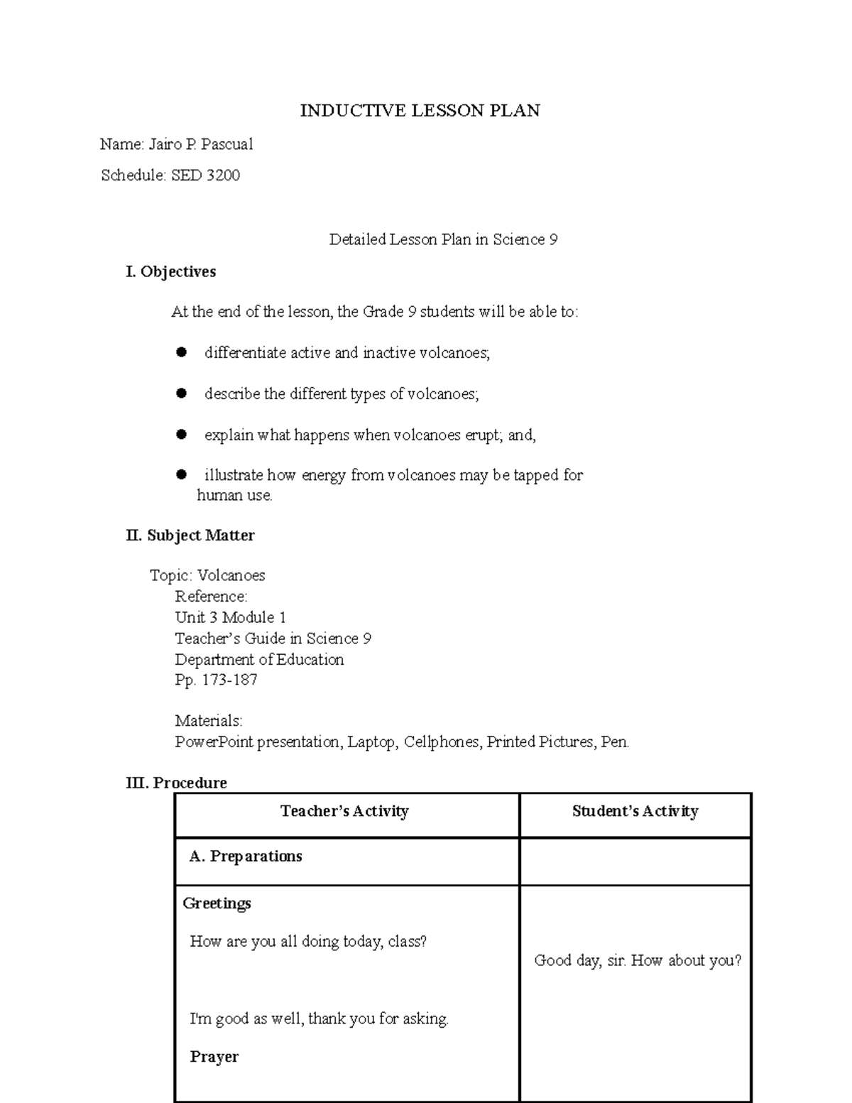 Lesson PLan Mathematics - INDUCTIVE LESSON PLAN Name: Jairo P. Pascual ...