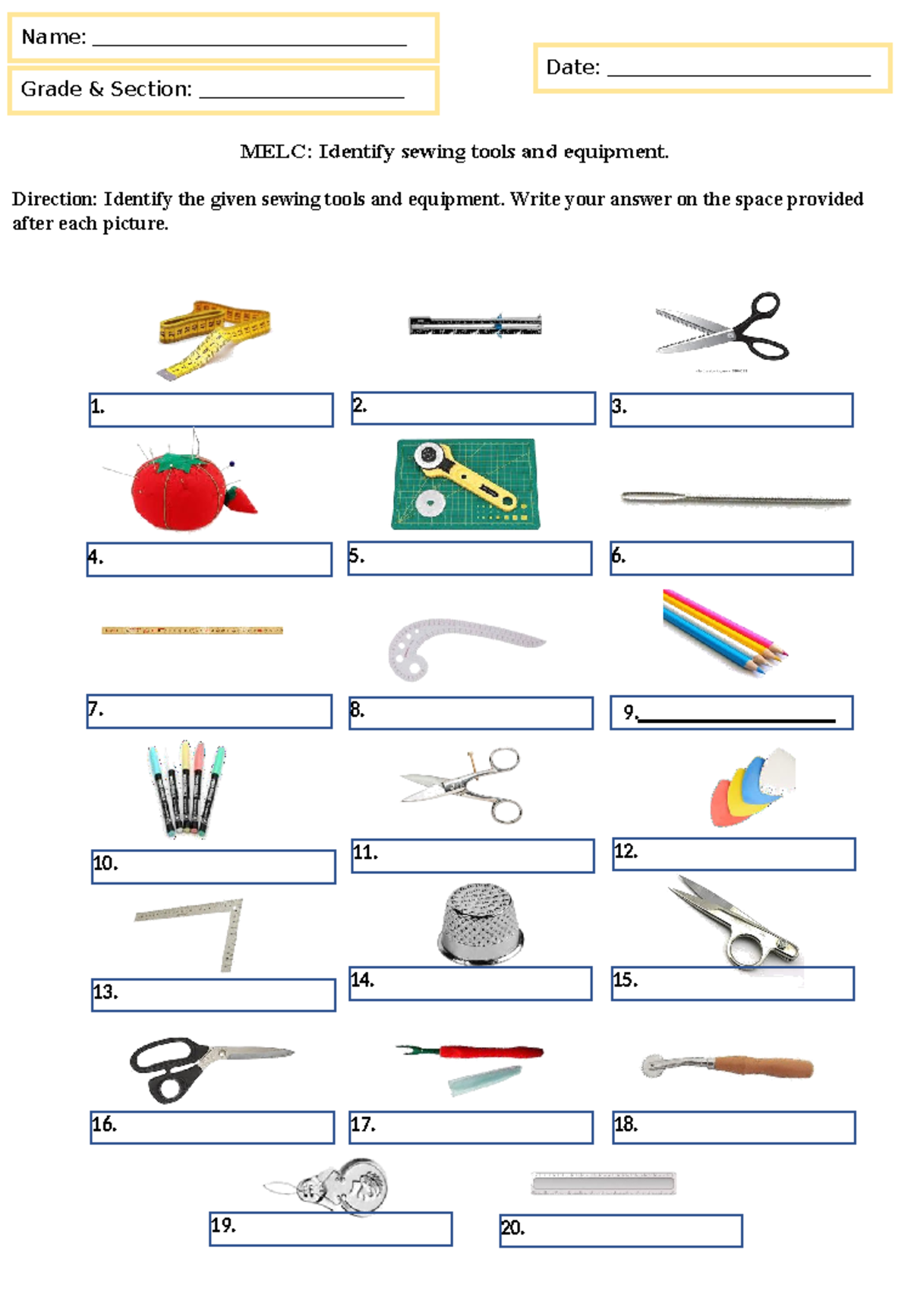 Sewing Tools & Equipment Activity Sheet - M1 - Studocu