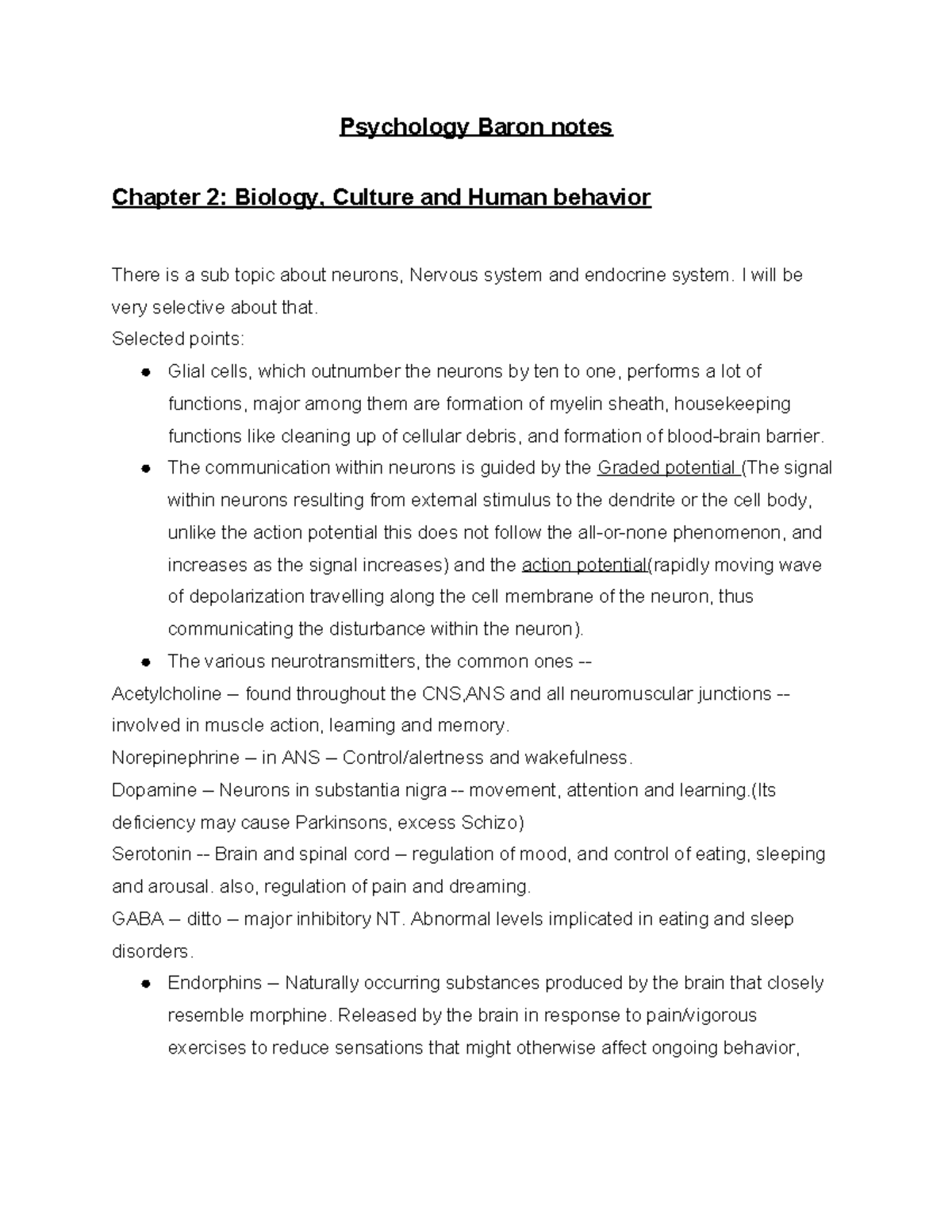 Psychology Baron Notes: Chapter 2 - Biology, Culture & Behavior - Studocu