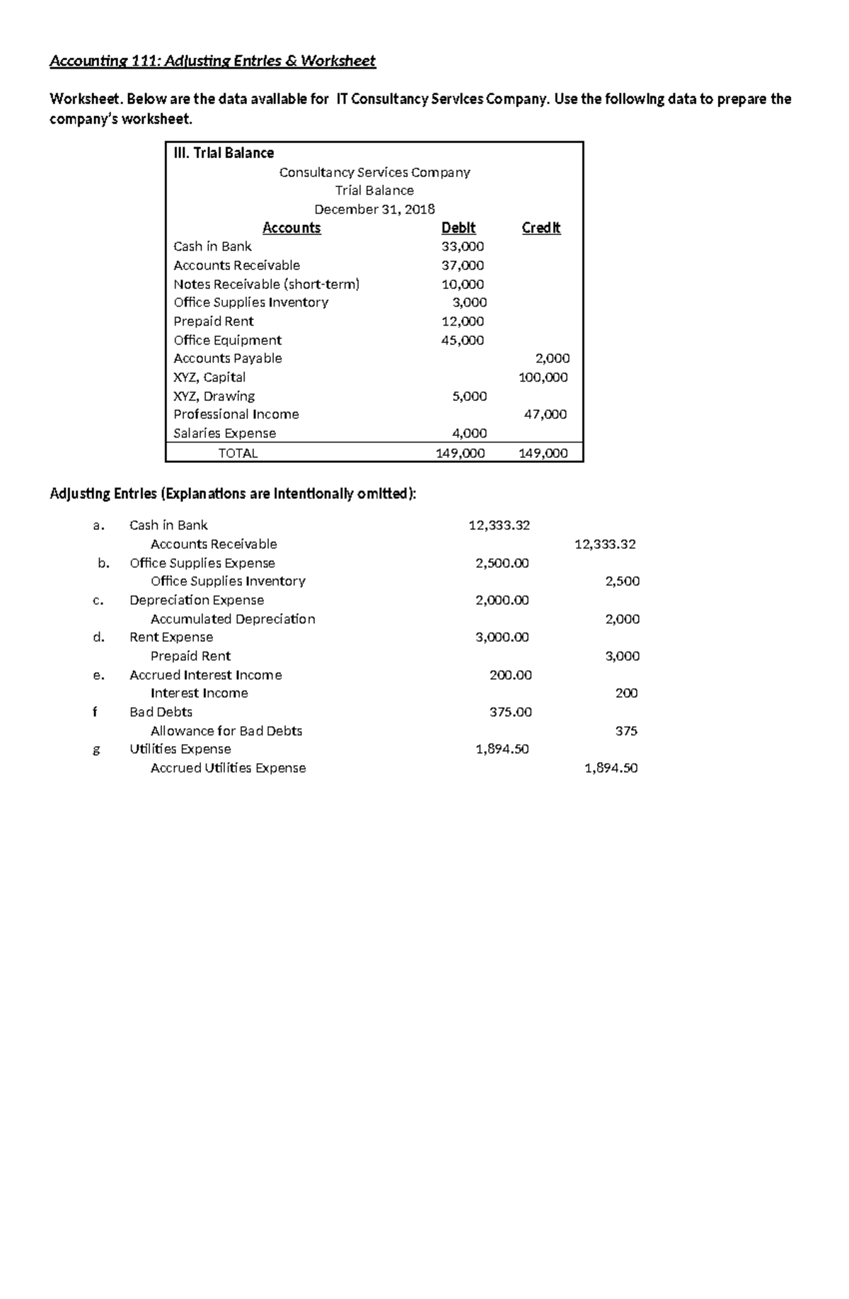 Worksheet and adjusting entries - Accounting 111: Adjusting Entries ...