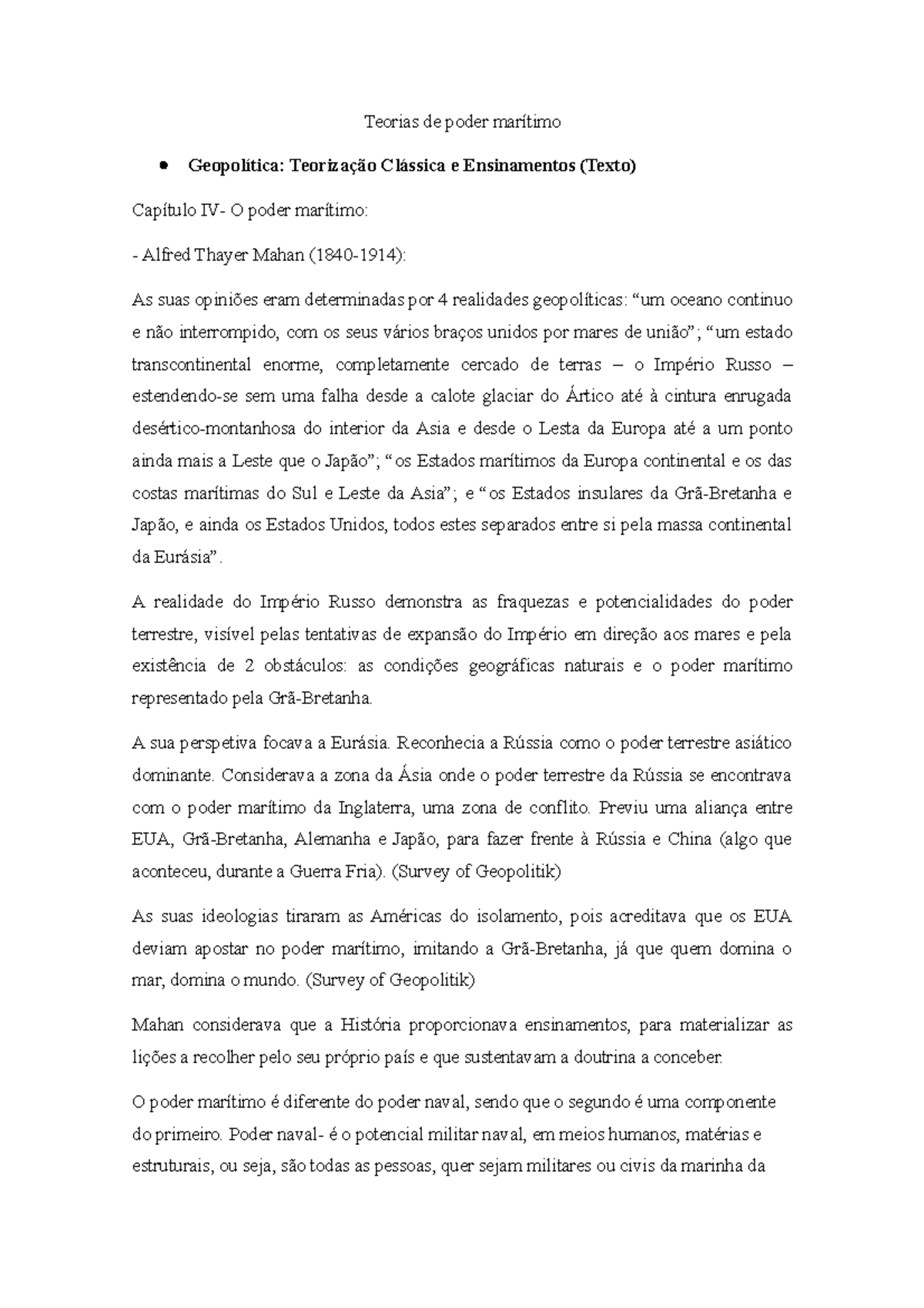 Teorias do Poder Marítimo: Mahan e Castex na Geopolítica Moderna - Studocu