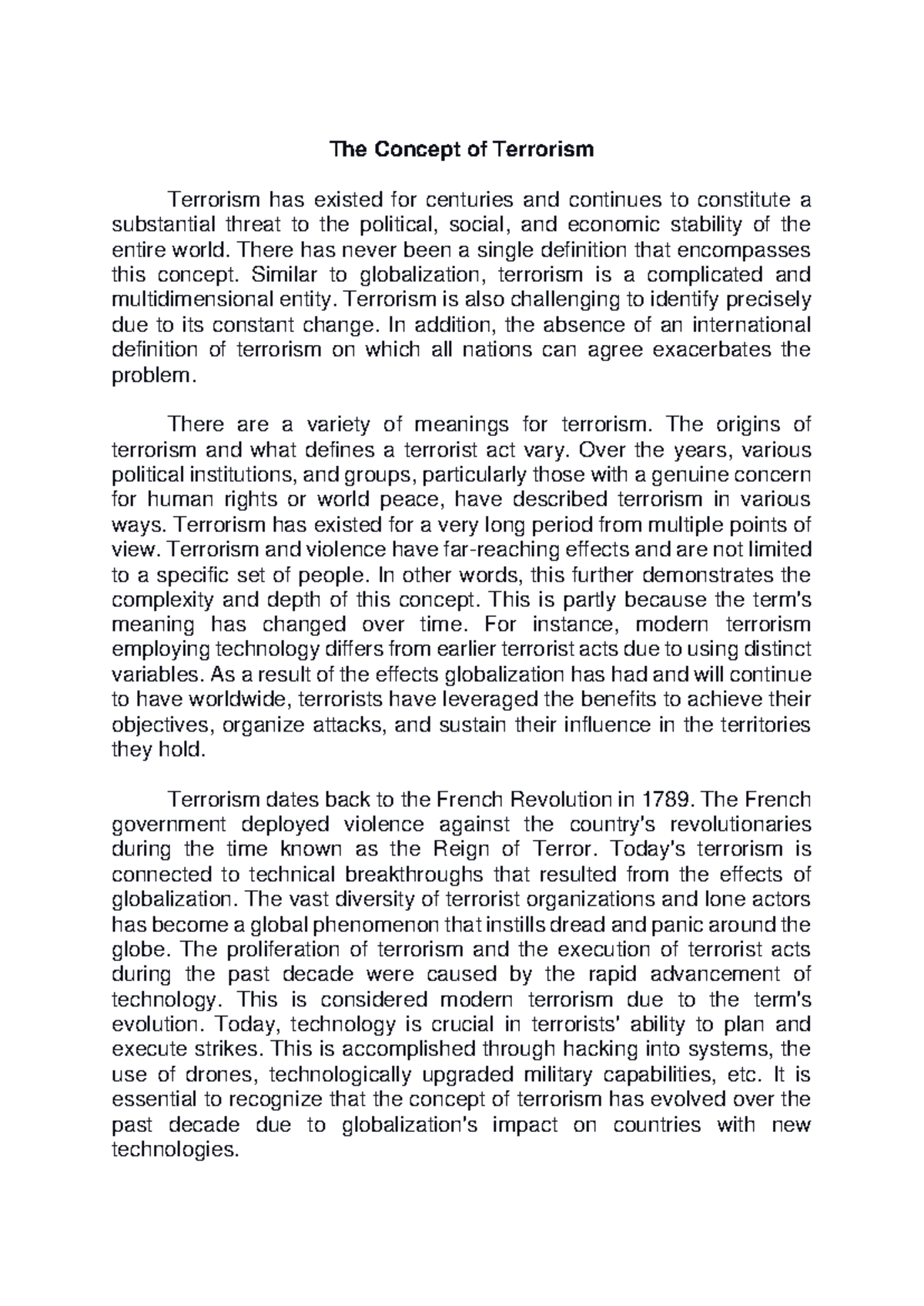 Globalization and Terrorism - The Concept of Terrorism Terrorism has ...
