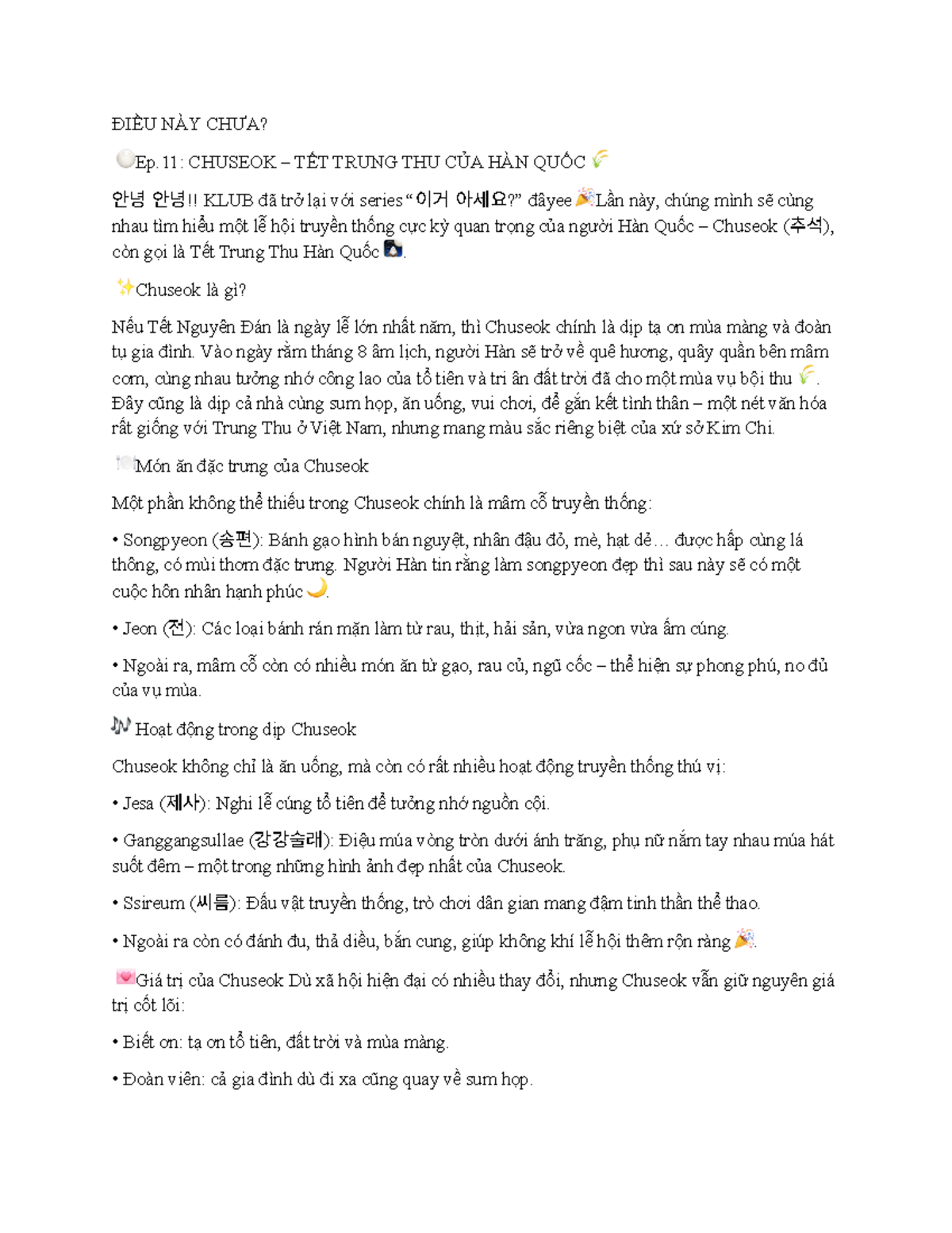 Chuseok: Tết Trung Thu Hàn Quốc và Các Truyền Thống Quan Trọng - Studocu