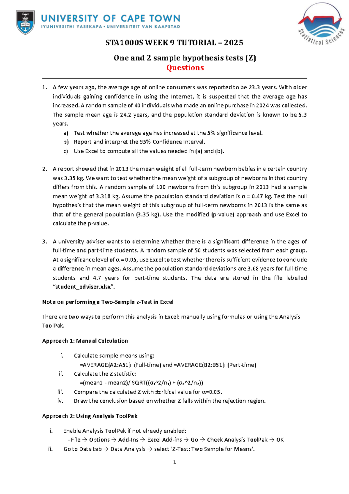 WEEK 9 TUTORIAL STA1000S: Hypothesis Testing & Excel Analysis - Studocu