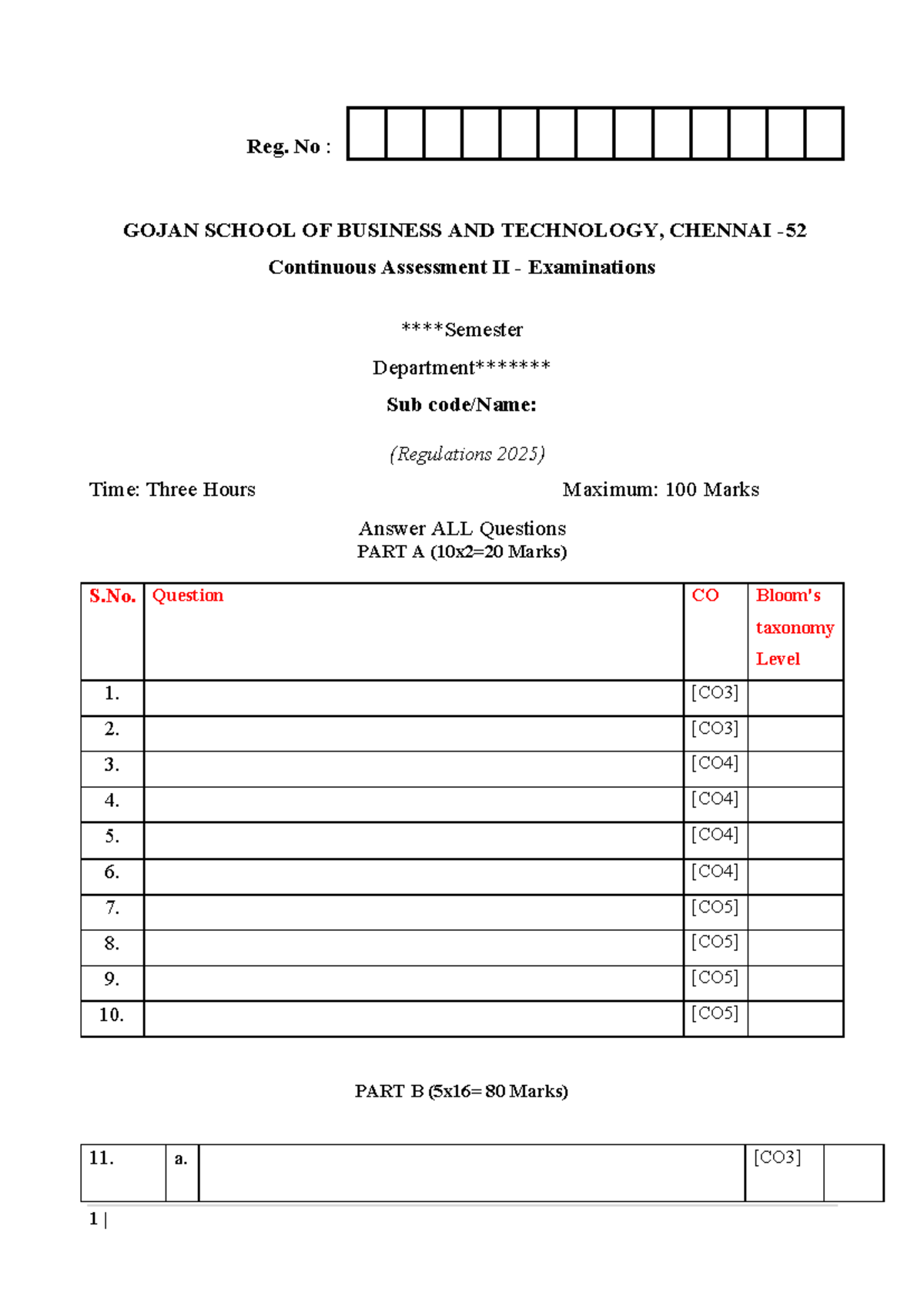 Question Paper Format - CA-II new - 1 | Reg. No : GOJAN SCHOOL OF ...
