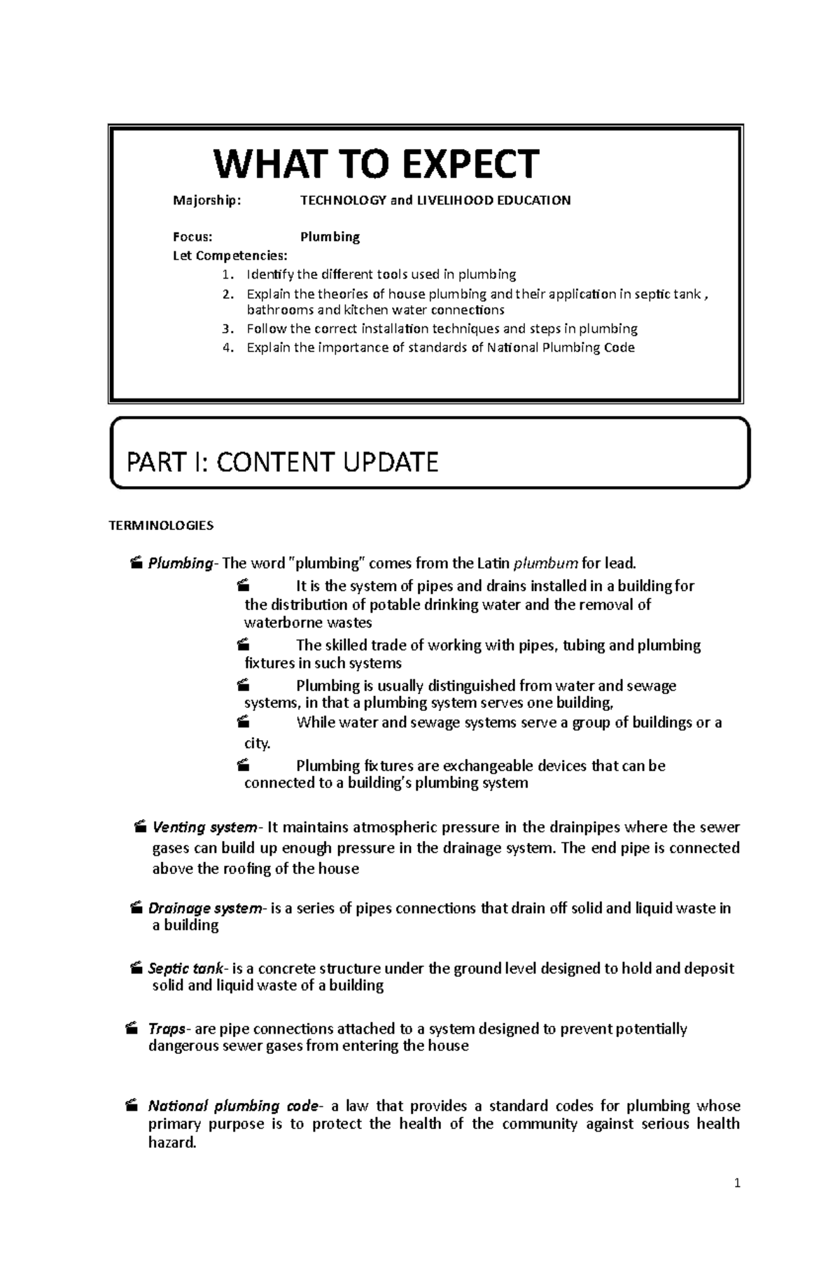 Plumbing-1 - Plumbing Notes - WHAT TO EXPECT Majorship: TECHNOLOGY and ...