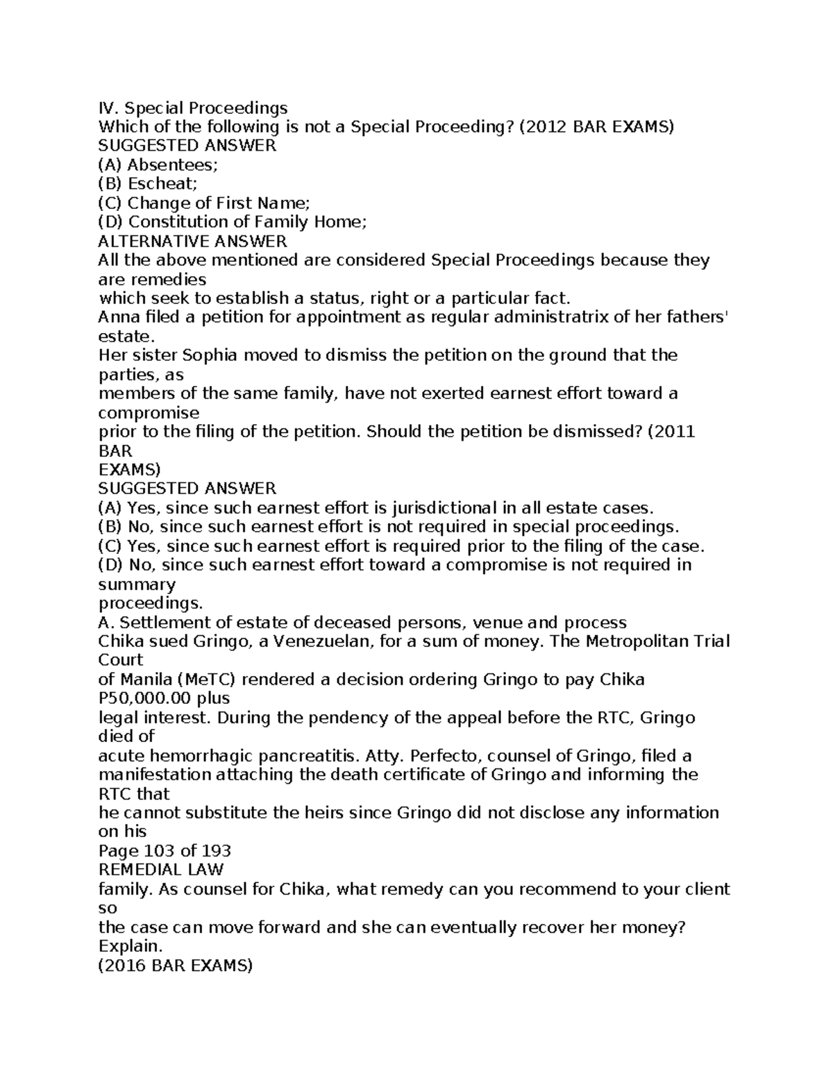 Special Proceedings Reviewer: Key Concepts and BAR Exam Insights - Studocu