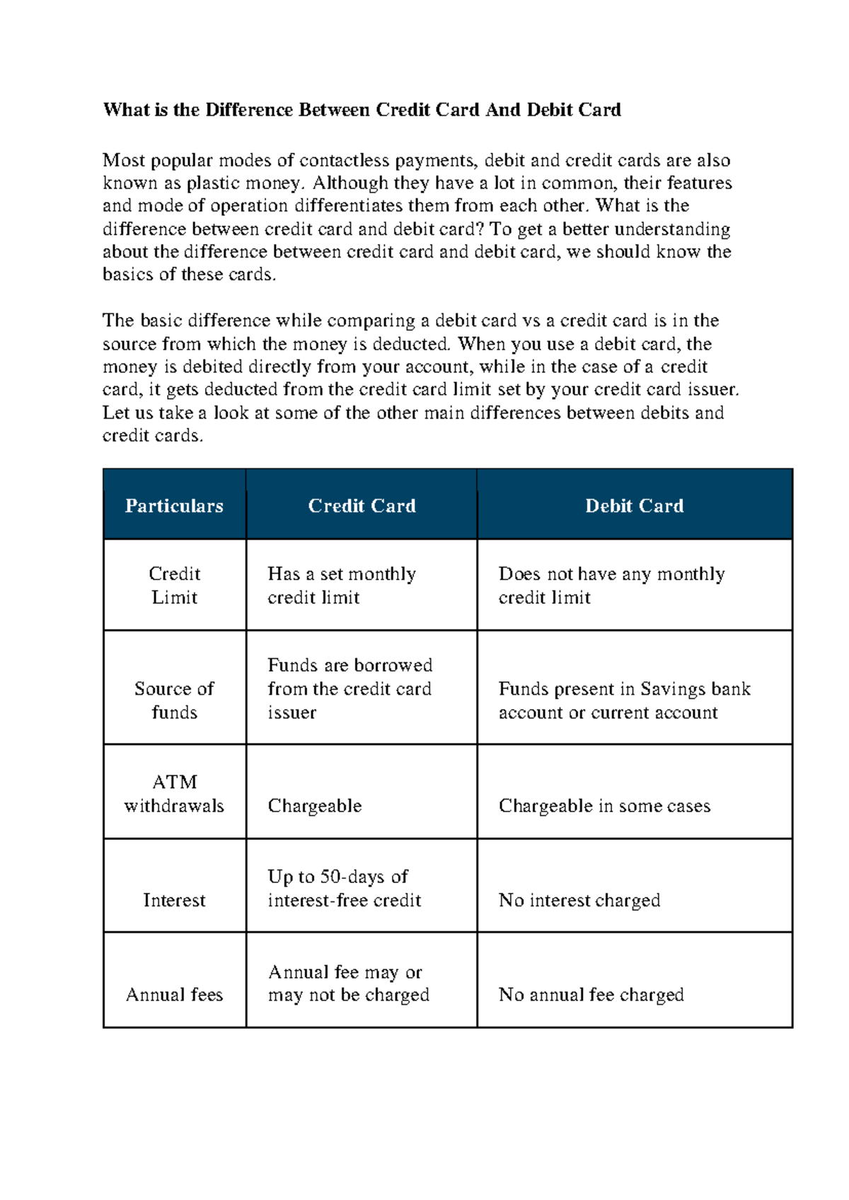 Understanding the Difference Between Credit Card & Debit Card - Studocu