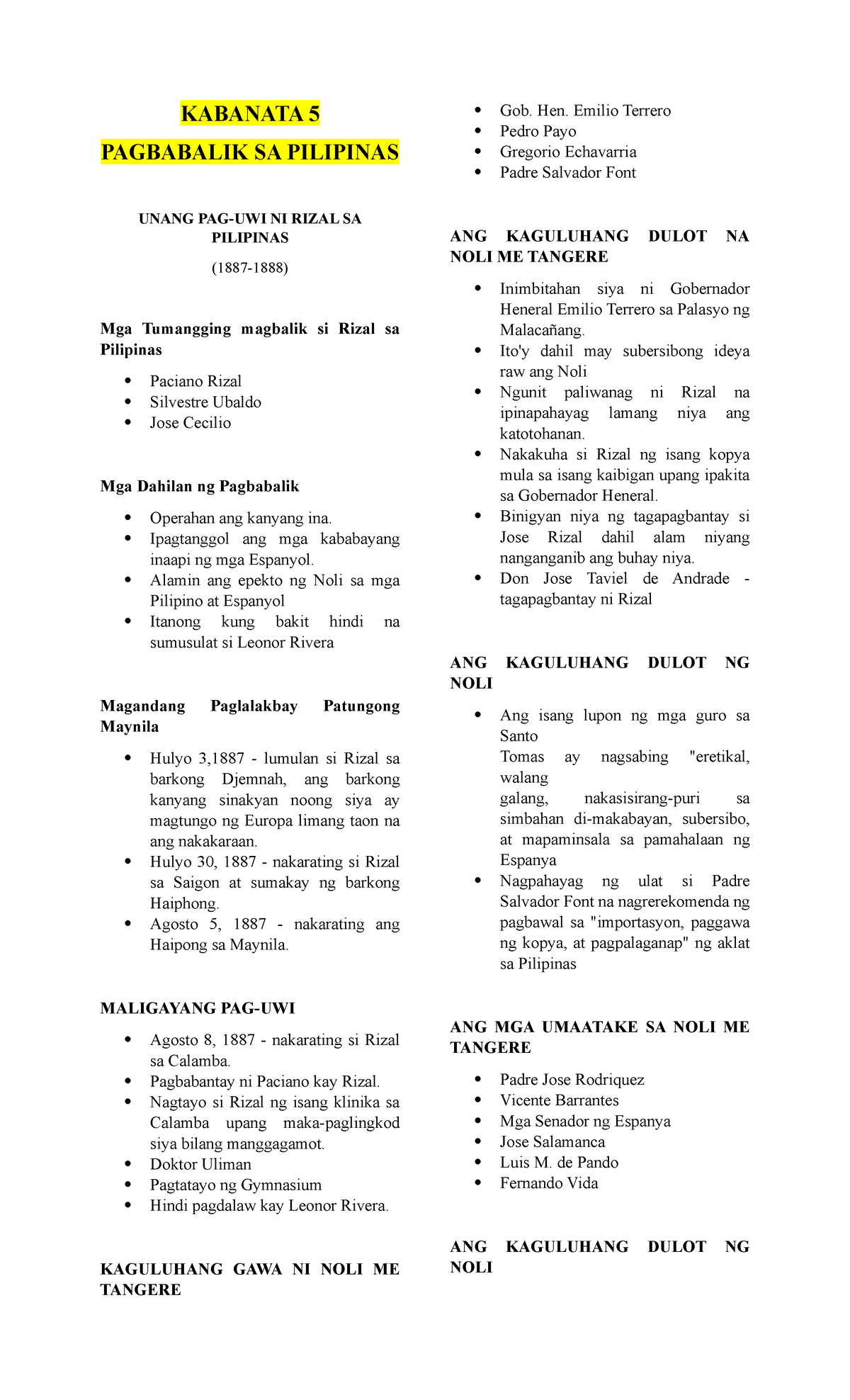 Kabanata 5 - Pagbabalik ni Rizal sa Pilipinas: LWR Insights - Studocu