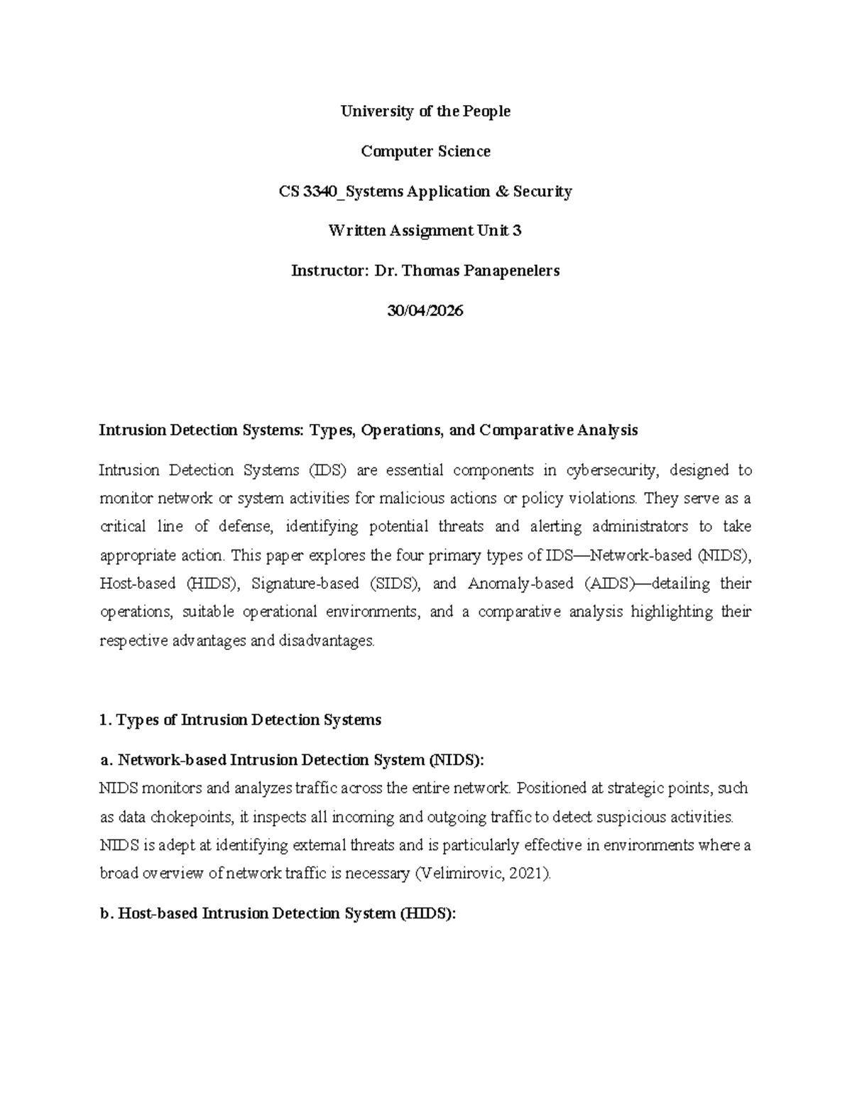 CS 3340 Written Assignment Unit 3: Intrusion Detection Systems Analysis ...
