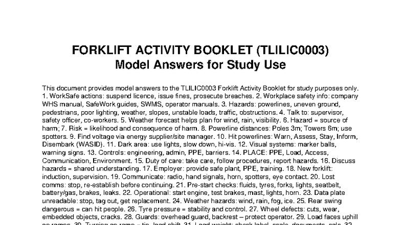 Forklift Activity Booklet (Model Answers) for Study Use - Studocu