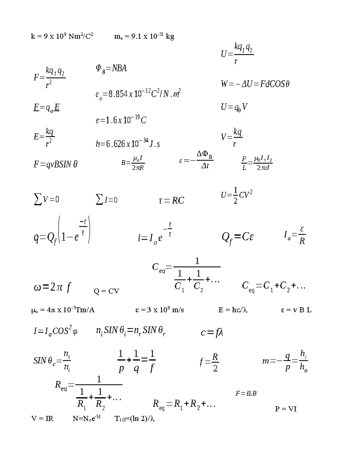 Physics Formulas and Constants Notes for Exam Preparation - k = 9 x 10 ...