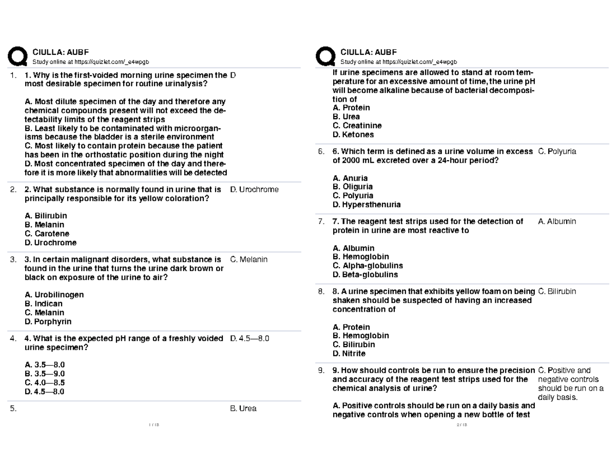 AUBF Ciulla - Urinalysis & Body Fluid Analysis Review Q&A Guide - Studocu