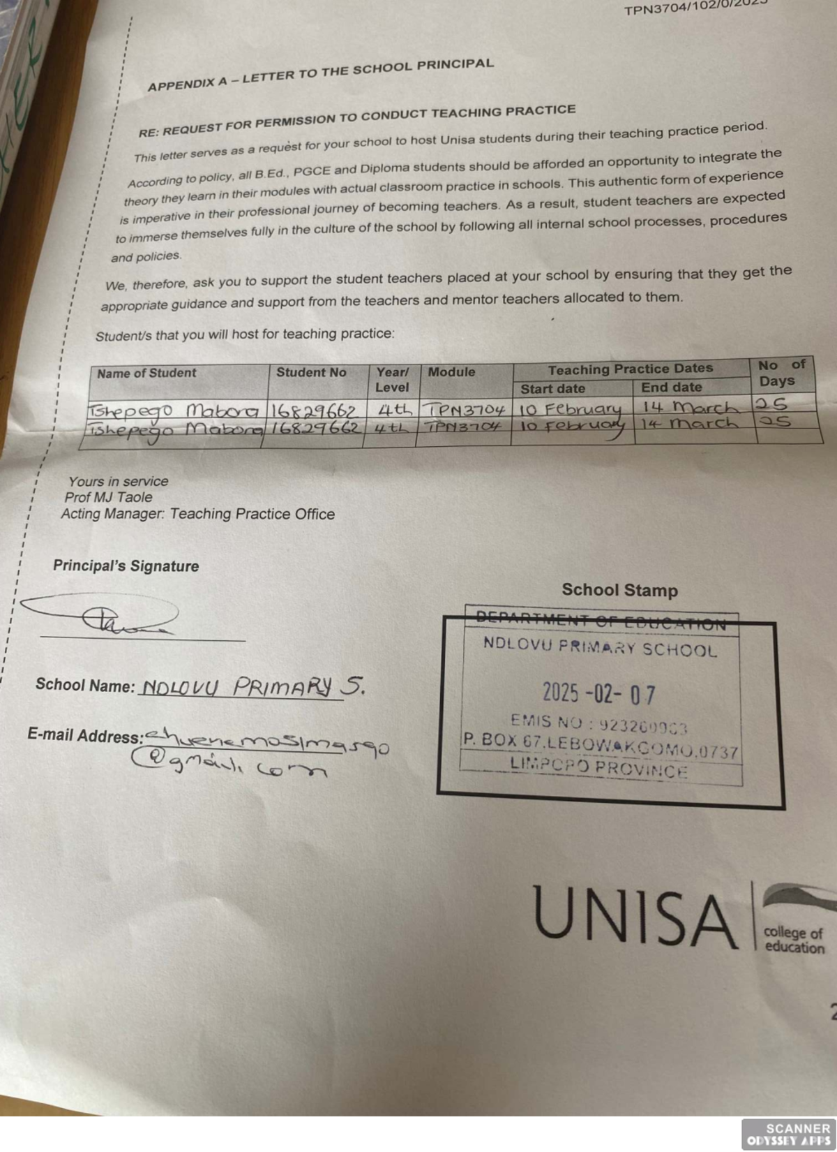 UNISA Teaching Practice Placement Request & Indemnity Form - Studocu