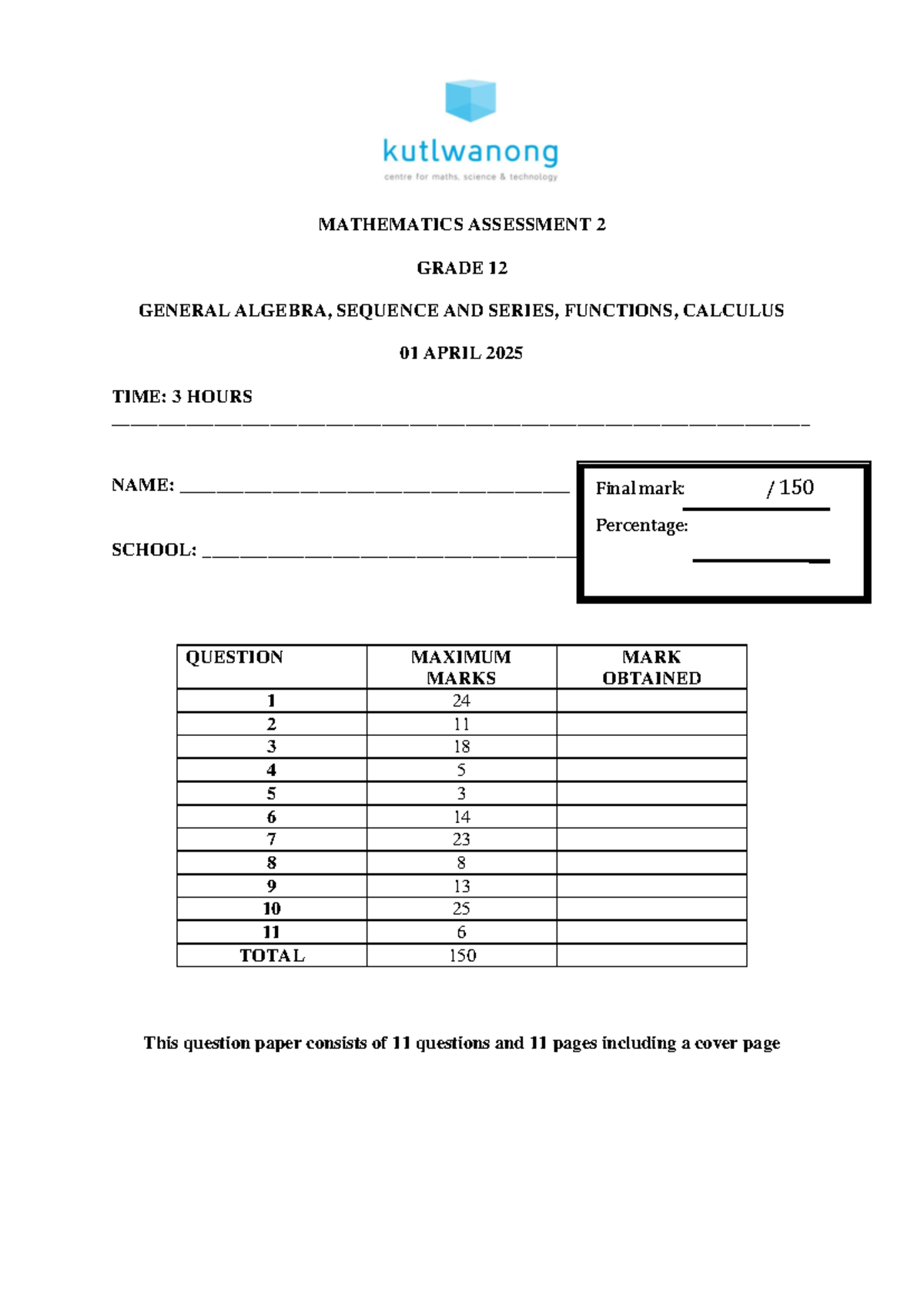 Grade 12 Mathematics Assessment 2 (Algebra, Sequences & Calculus) - Studocu