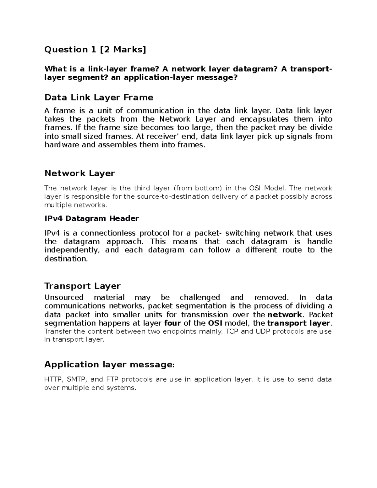 OSI MODEL AND NETWORKING CASE STUDY - Question 1 [2 Marks] What is a ...