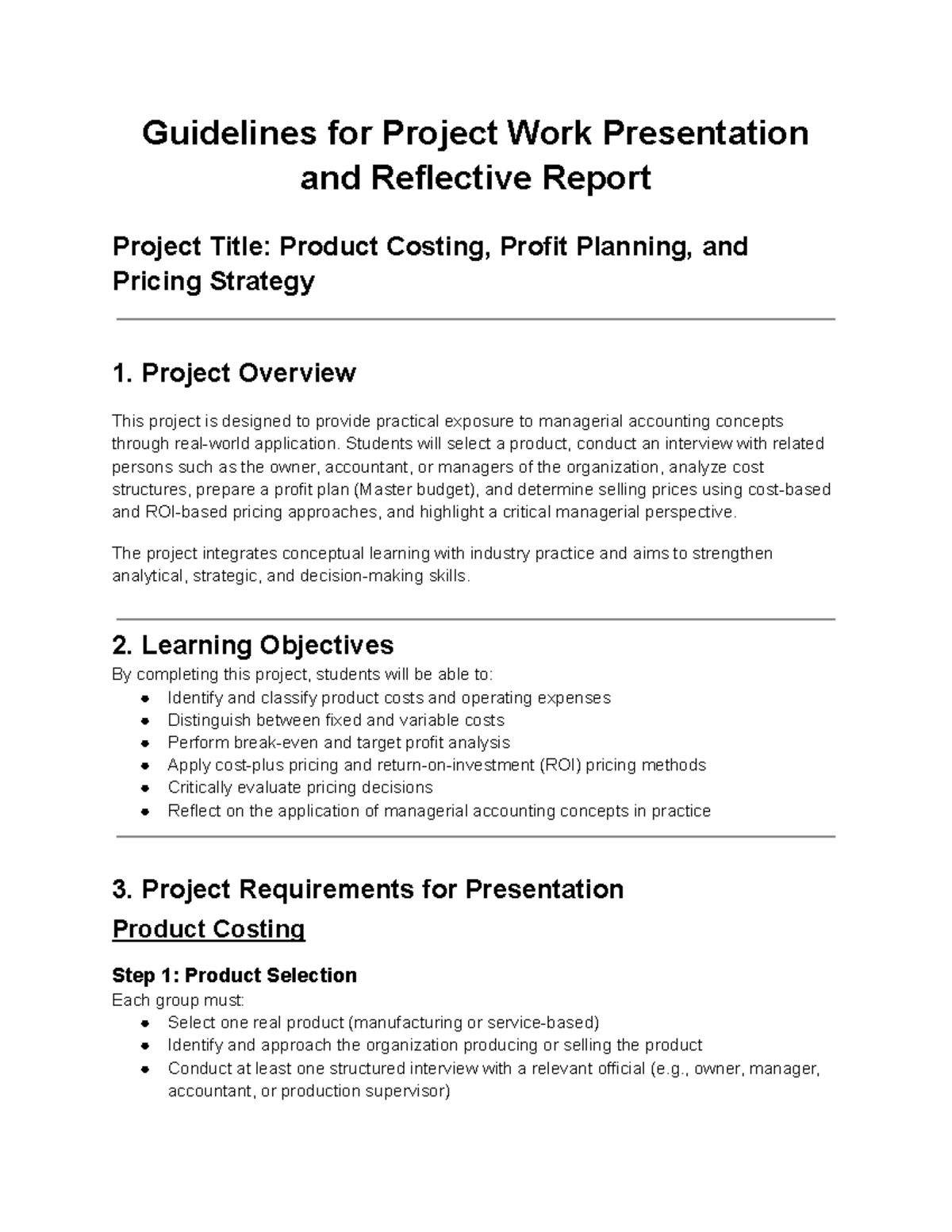 Guidelines for Project Work: Product Costing & Profit Planning - Studocu