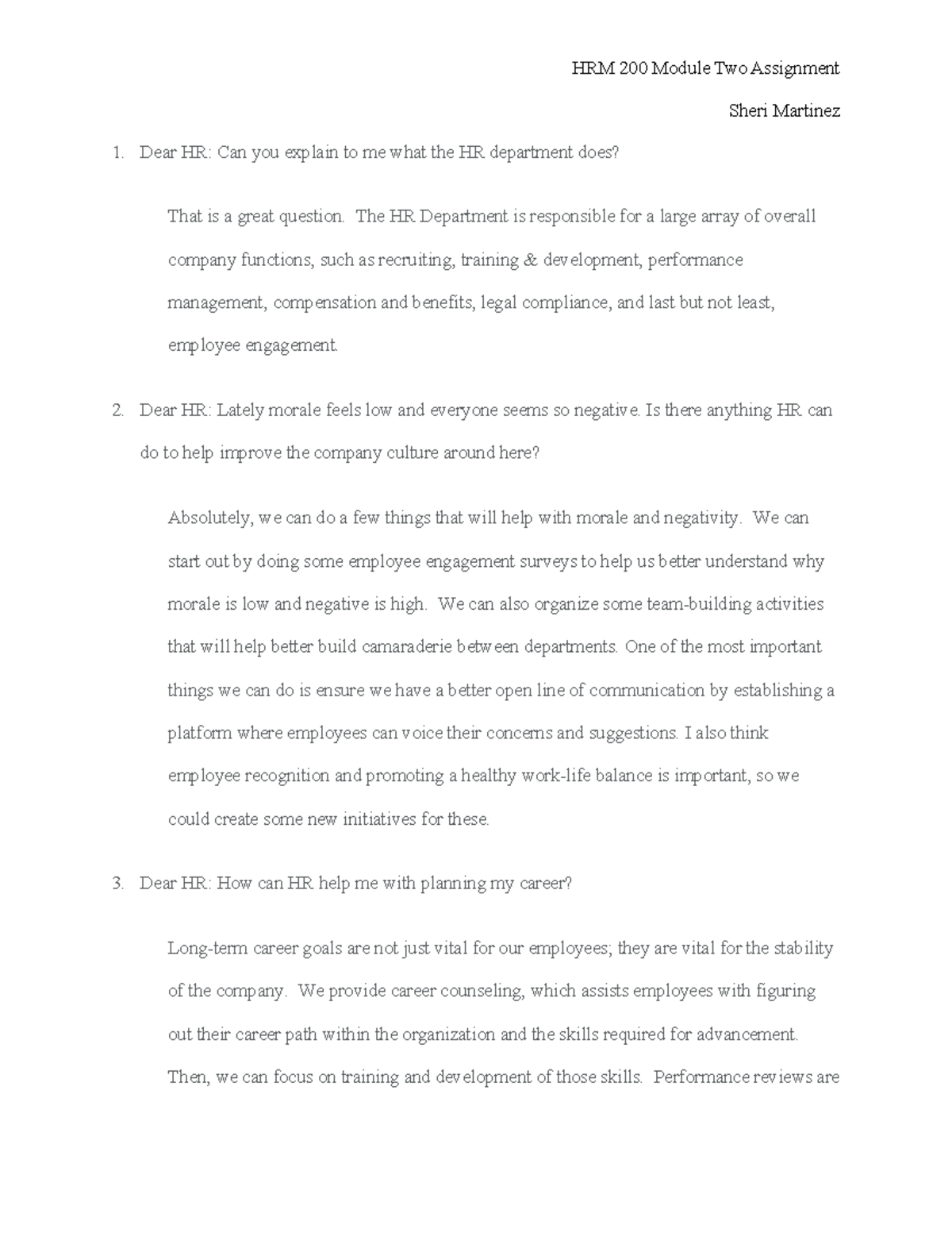 HRM 200 Module 2 Assignment: Insights on HR Functions & Culture - Studocu
