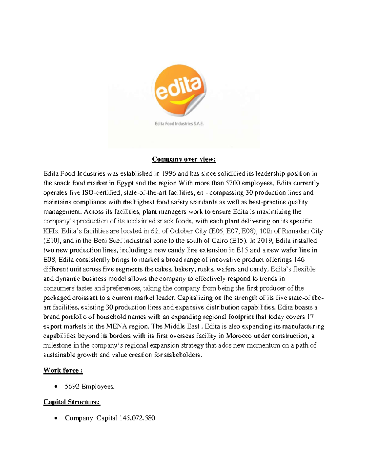 Edita Food Industries Graduation Project Overview and Analysis - Studocu