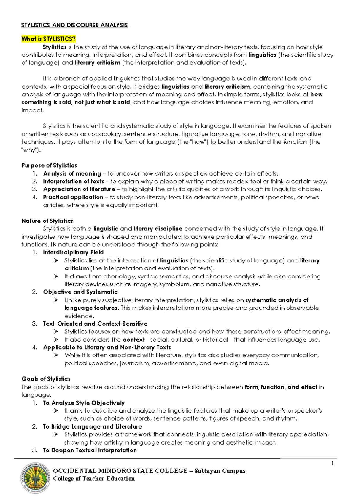 STYLISTICS AND DISCOURSE ANALYSIS: A Comprehensive Overview - Studocu
