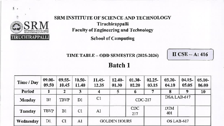SRM Institute of Science and Technology Odd Semester II Timetable for ...