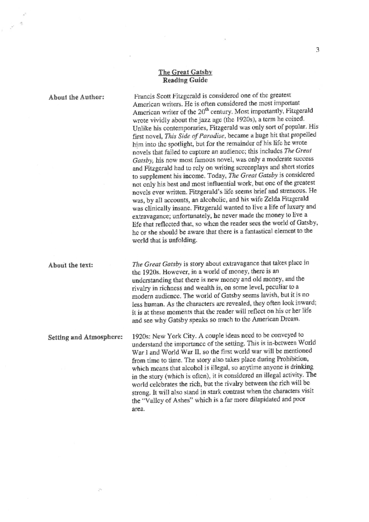 Great Gatsby Context & Analysis: ELA 10 Study Guide - Studocu