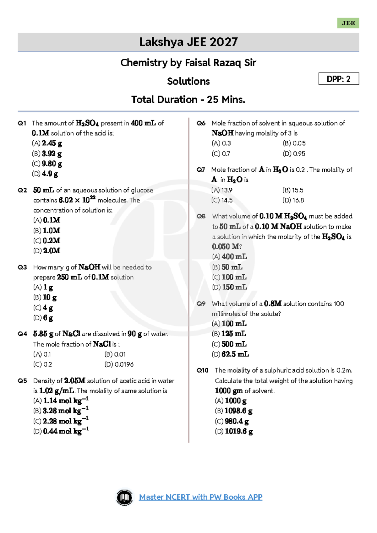 JEE 2027 Chemistry DPP 02 Solutions by Faisal Razaq - 25 Mins - Studocu