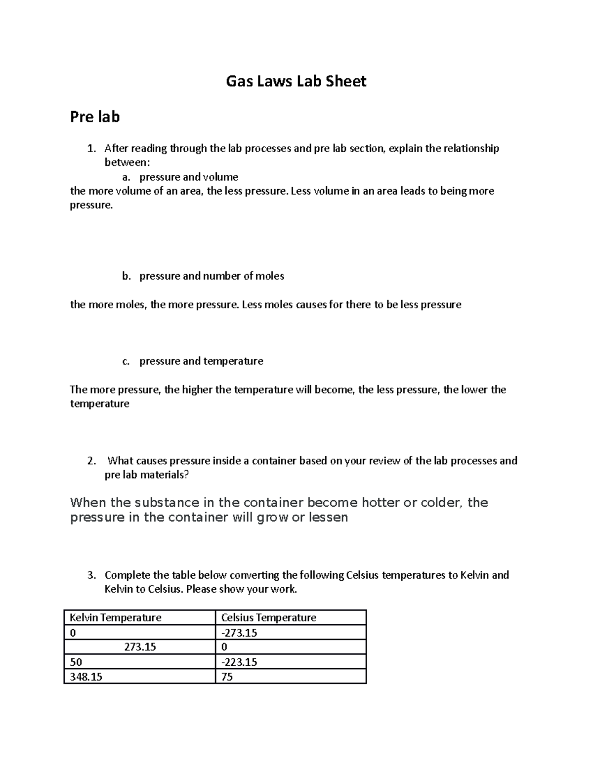 Gas Laws Lab Sheet - chem lab - Gas Laws Lab Sheet Pre lab After ...