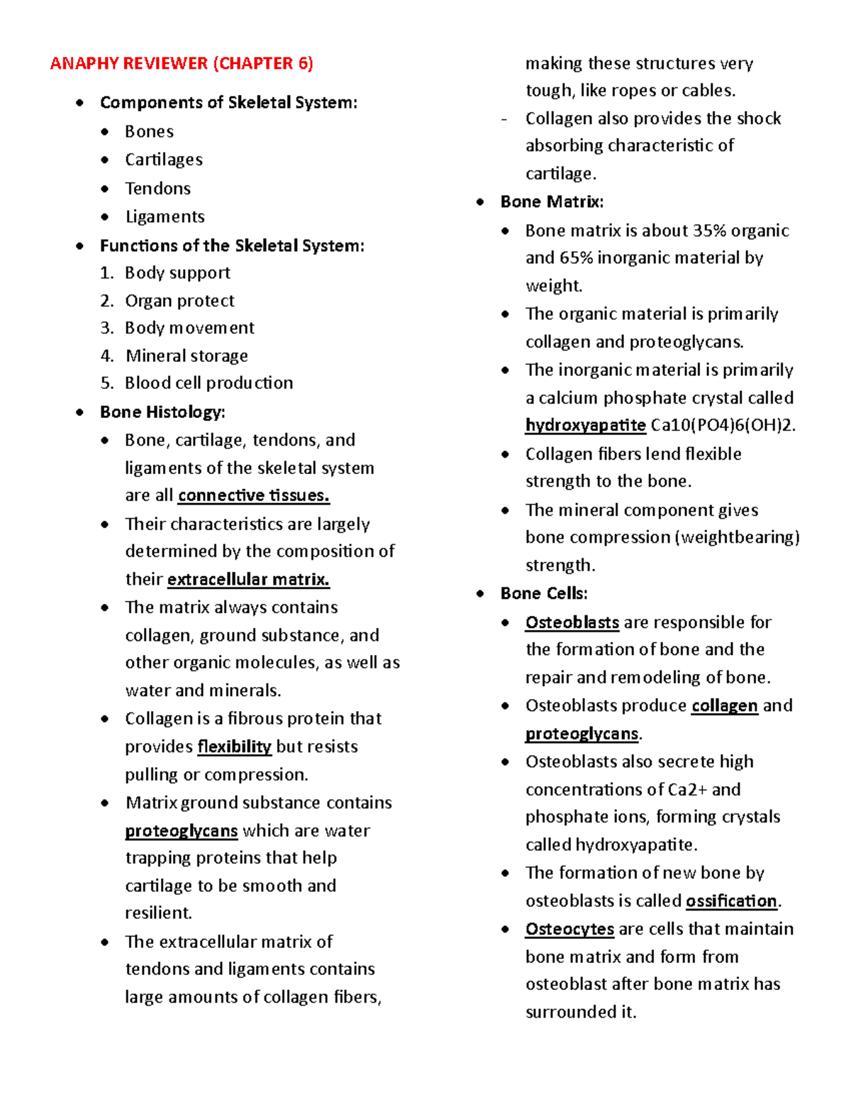 Anaphy Reviewer (CH 6): Components & Functions of the Skeletal System ...