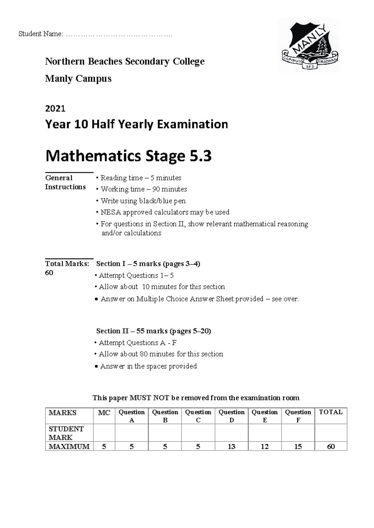 Year 10 Mathematics Stage 5 Half Yearly Exam 2021 + Solutions - Studocu