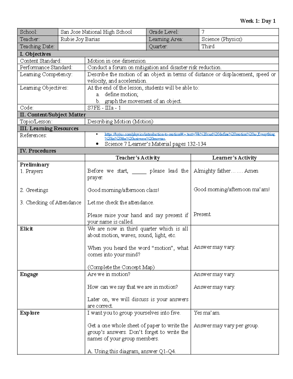 WEEK 1- ( Motion) Grade 7 Lesson PLAN - Week 1: Day 1 School: San Jose ...
