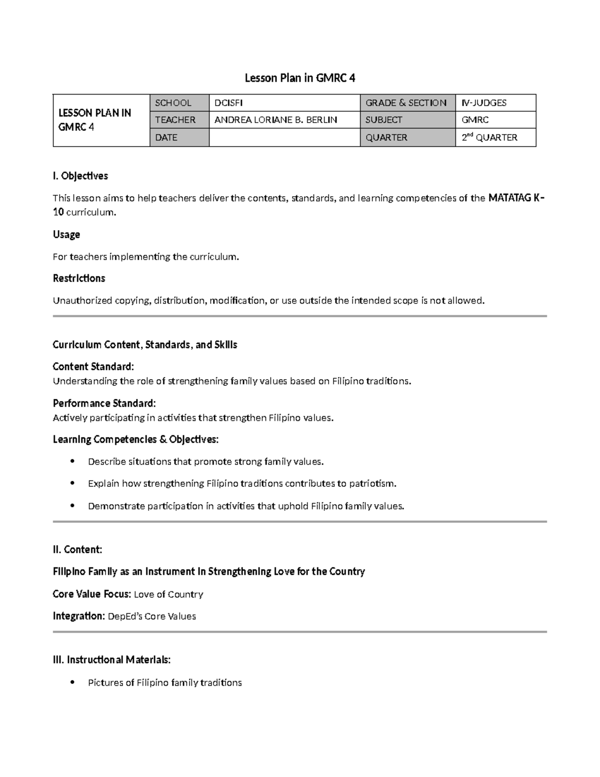 GMRC 4 Lesson Plan: Strengthening Filipino Family Values - Studocu