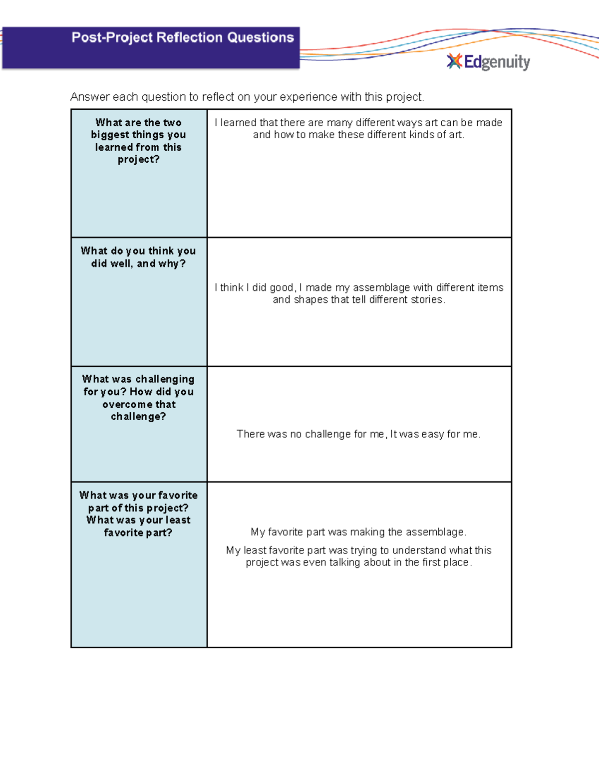 Edgenuity Project Reflection Questions - Answer each question to ...