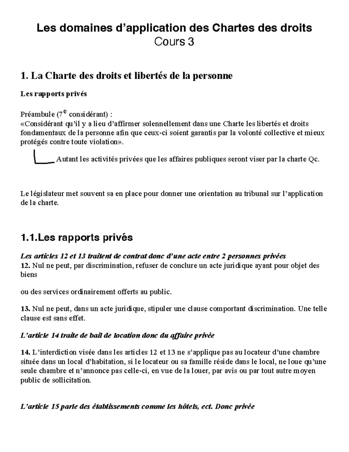 Cours 3 : Les Domaines de la Charte des Droits et Libertés au Québec ...
