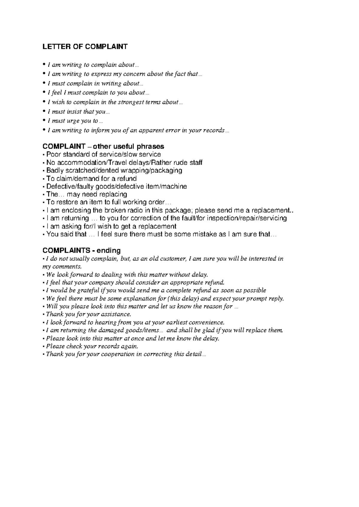 Letter of Complaint - Useful Phrases and Structure Guide - Studocu