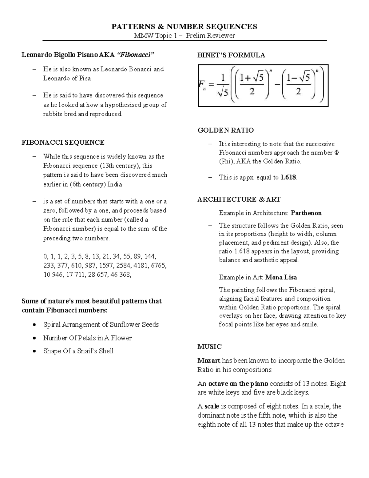 MMW Topic 1: Patterns in Fibonacci Sequences and the Golden Ratio - Studocu