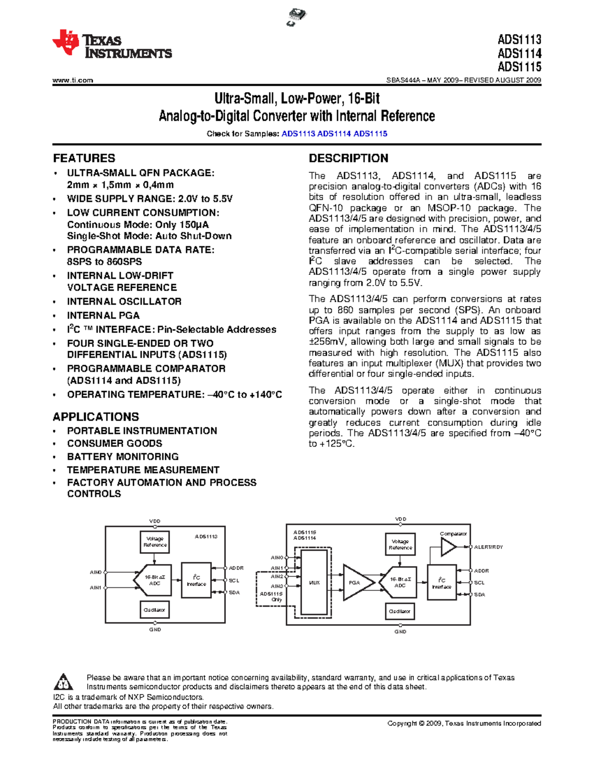 ADS1113 - sasd - ADS 16-Bit ADC DS I C Interface 2 Voltage Reference ...