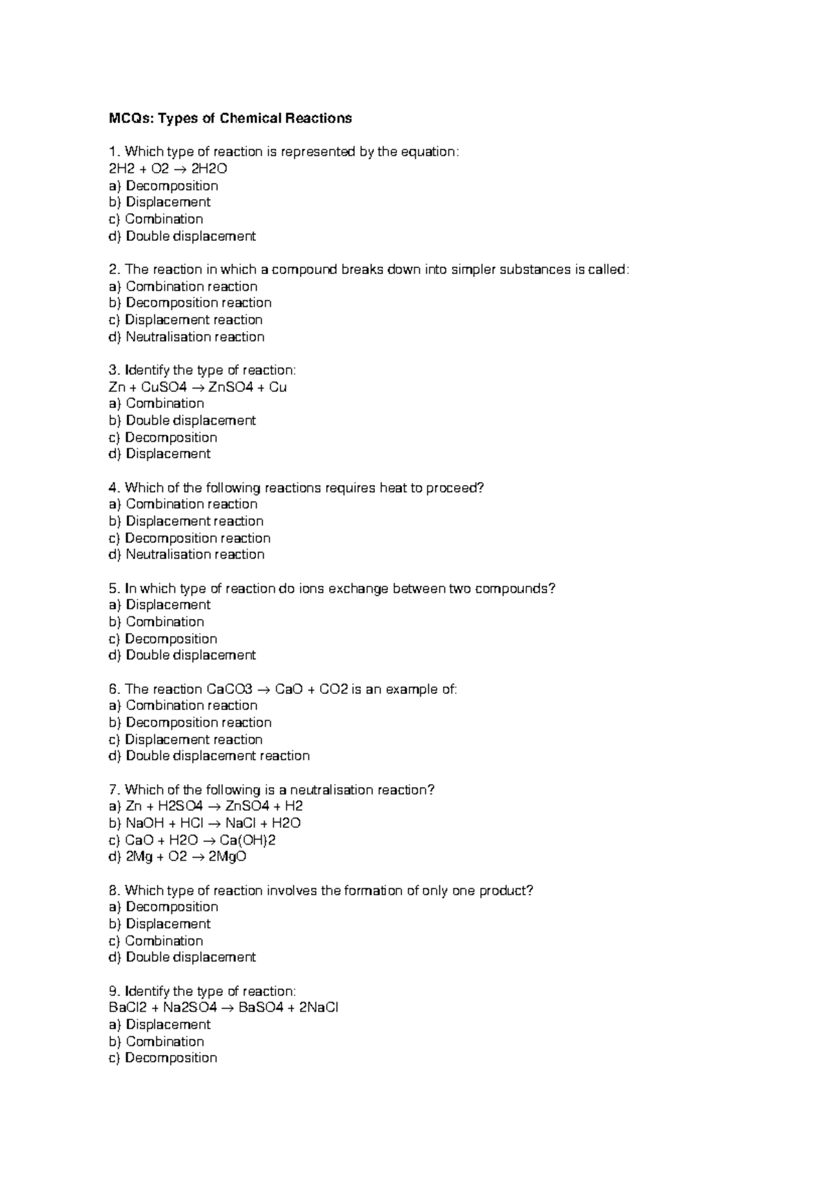 MCQs: Types of Chemical Reactions - Revised Edition - Studocu