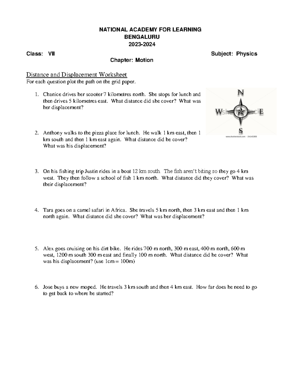 Distance, Displacement, Speed & Velocity Worksheet - Class VII Physics ...