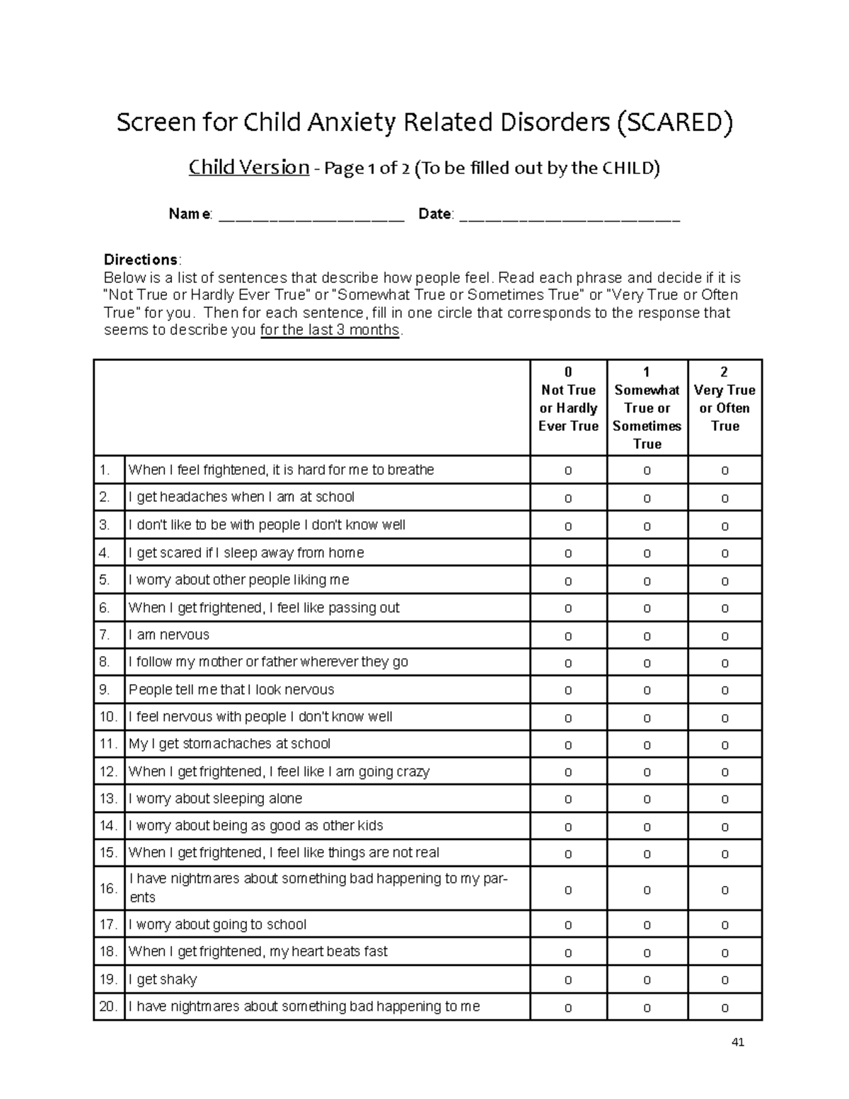 SCARED Child & Parent Versions: Anxiety Disorder Screening Tool - Studocu