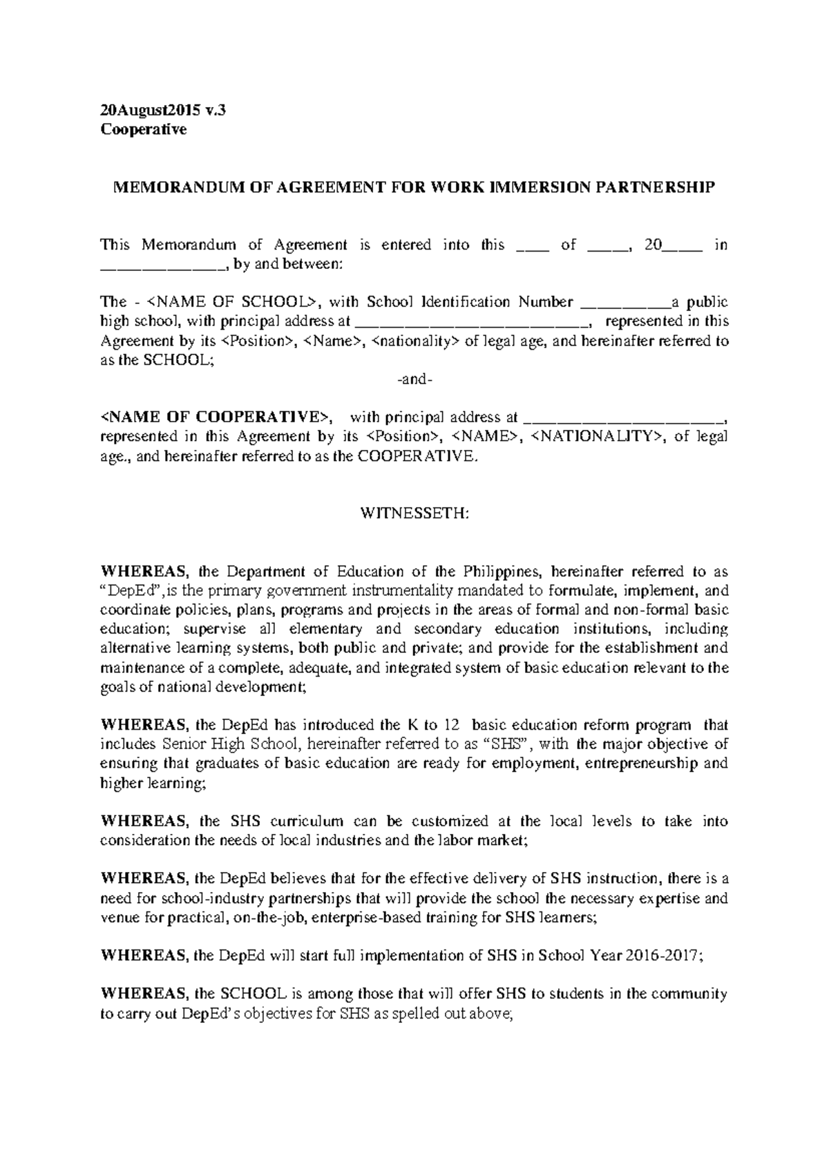 MOA Template for Work Immersion Cooperative - MAD Program - Studocu
