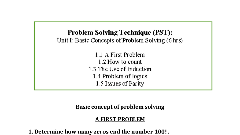 PST: Unit I - Basic Concepts of Problem Solving Techniques - Studocu
