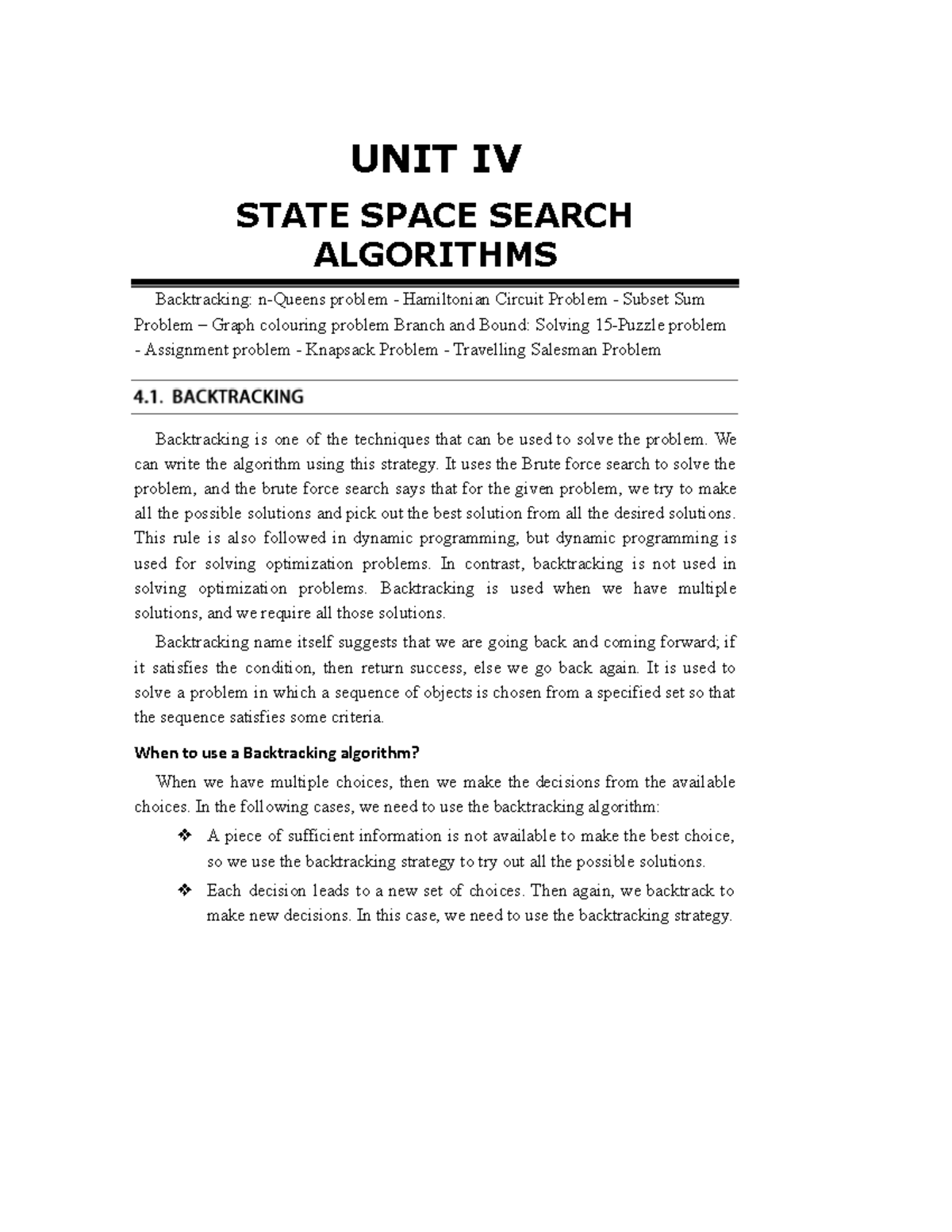 STATE SPACE SEARCH ALGORITHMS: BACKTRACKING & BRANCH-BOUND (CS101 ...