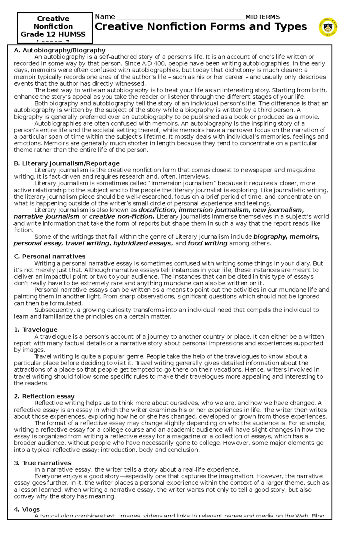 Lesson 1 Creative Nonfiction Forms and Types - Name