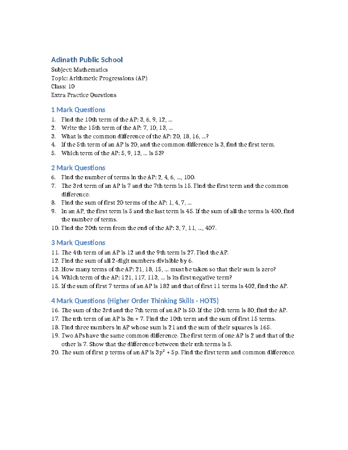 Class 10 Mathematics AP Extra Practice Questions - Adinath Public ...