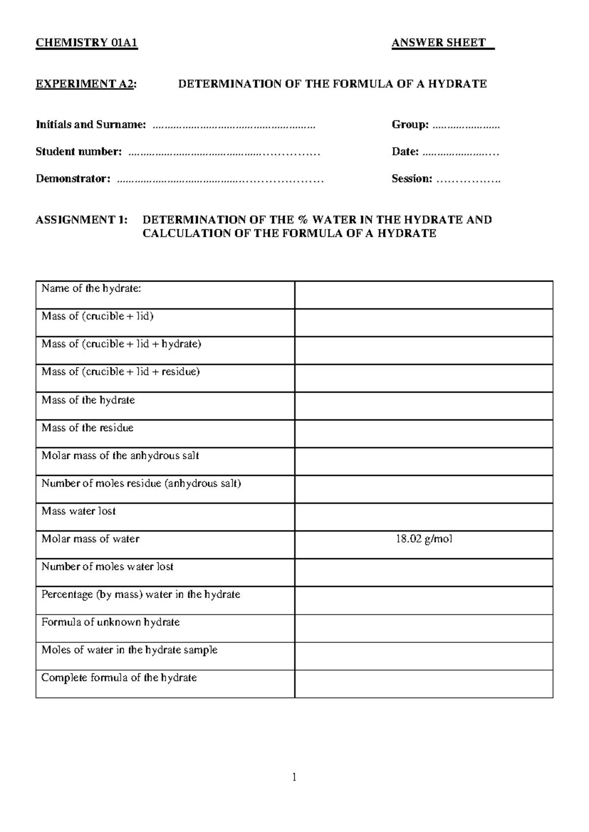 CEM01A1 - EXP A2 Hydrate Formula Determination Answer Sheet 2024 - Studocu