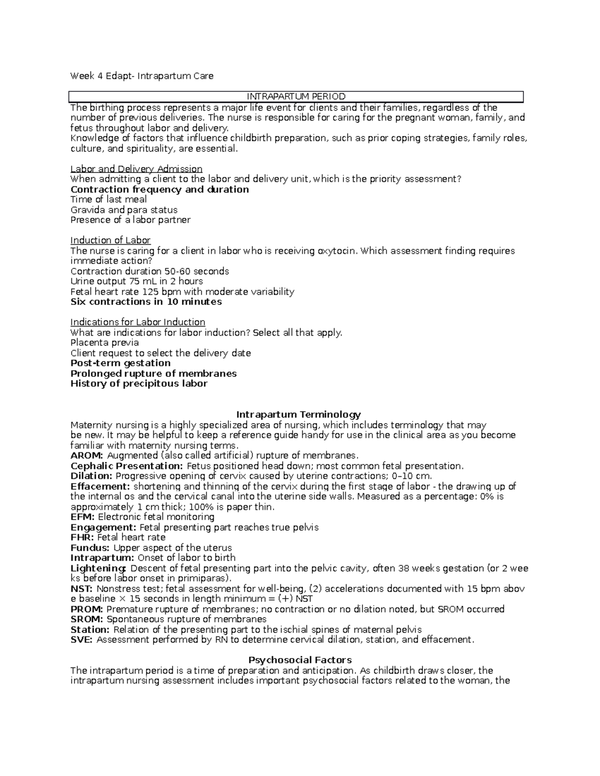 Week 4 Intrapartum Care Overview for Edapt Nursing Students - Studocu